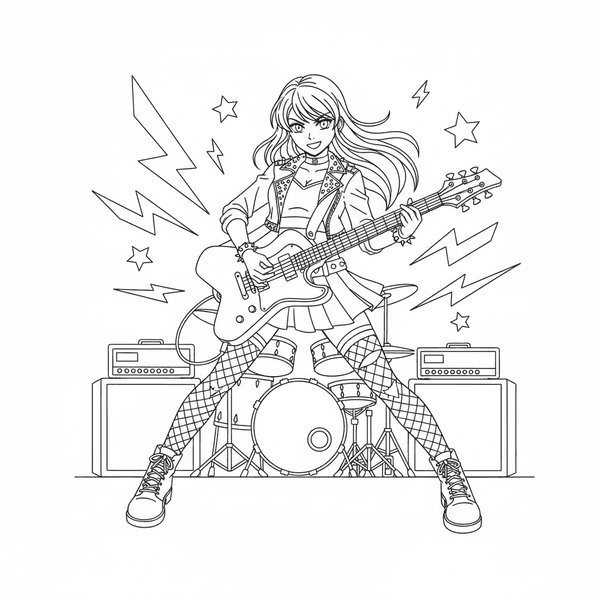 Anime girl musician in concert outfit playing electric