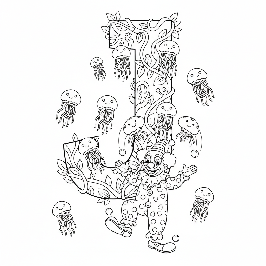 Letter J decorated with jellyfish jungle and juggling clown