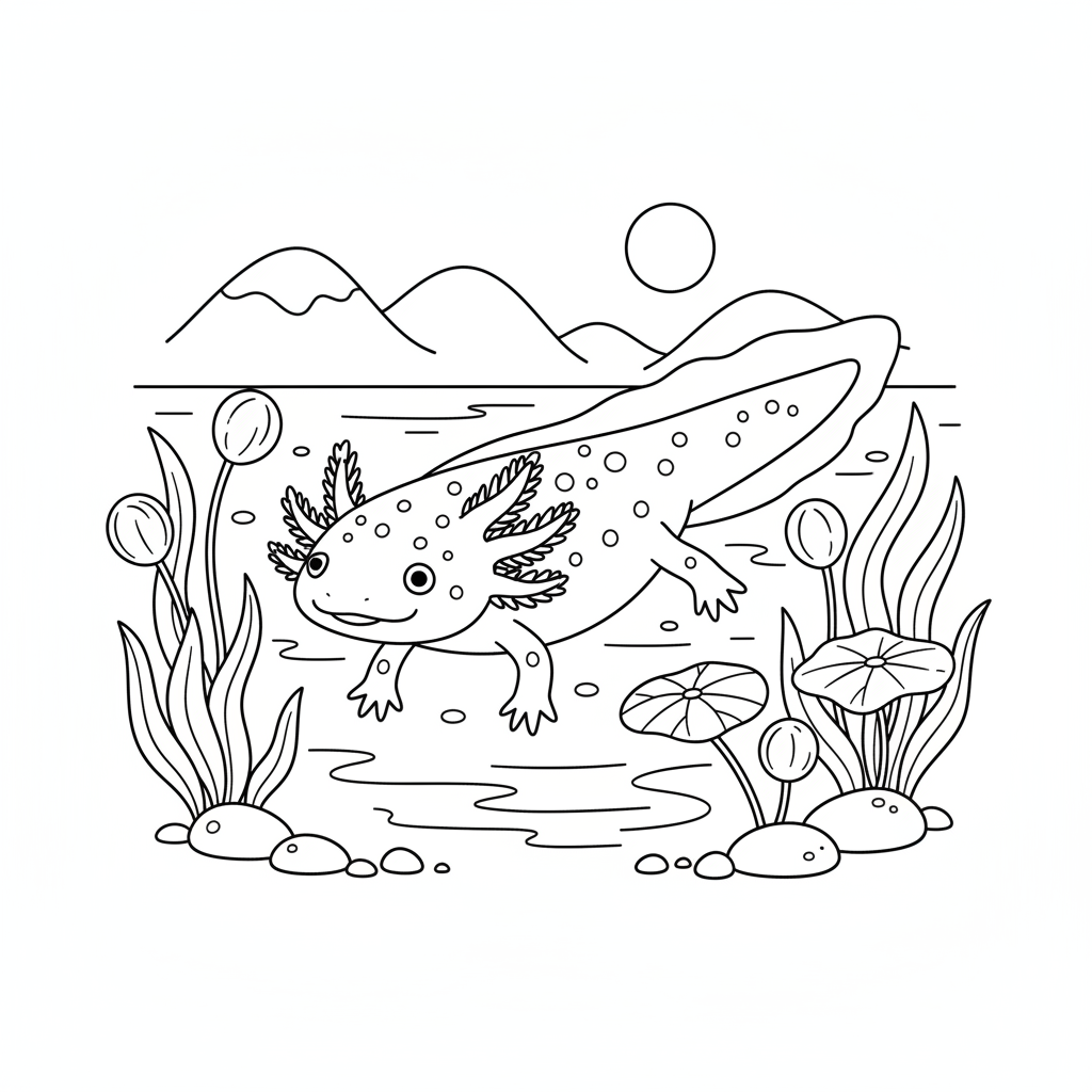 Wild type axolotl dark colored in natural lake habitat
