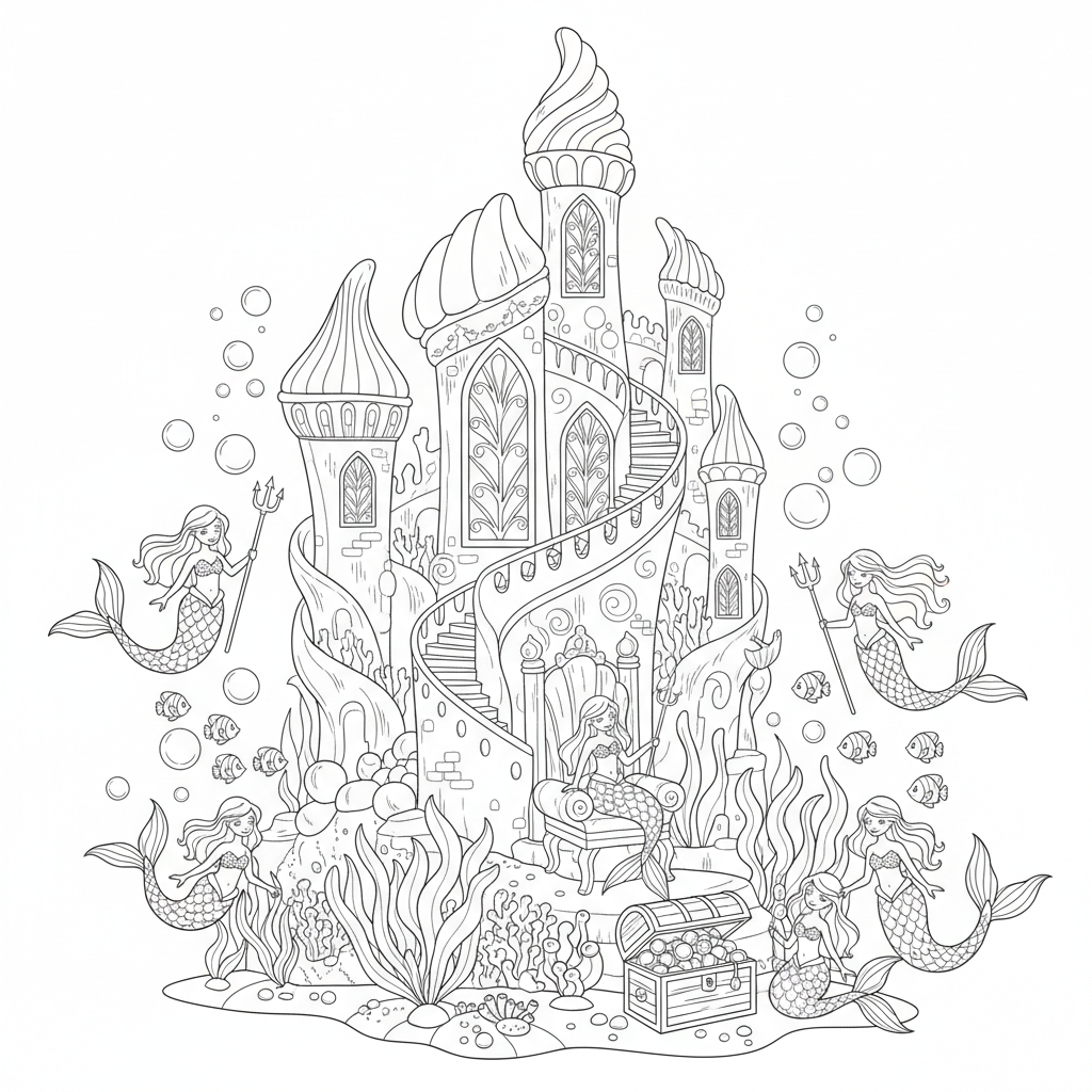 Underwater Mermaid Castle Coloring Page - Free Printable