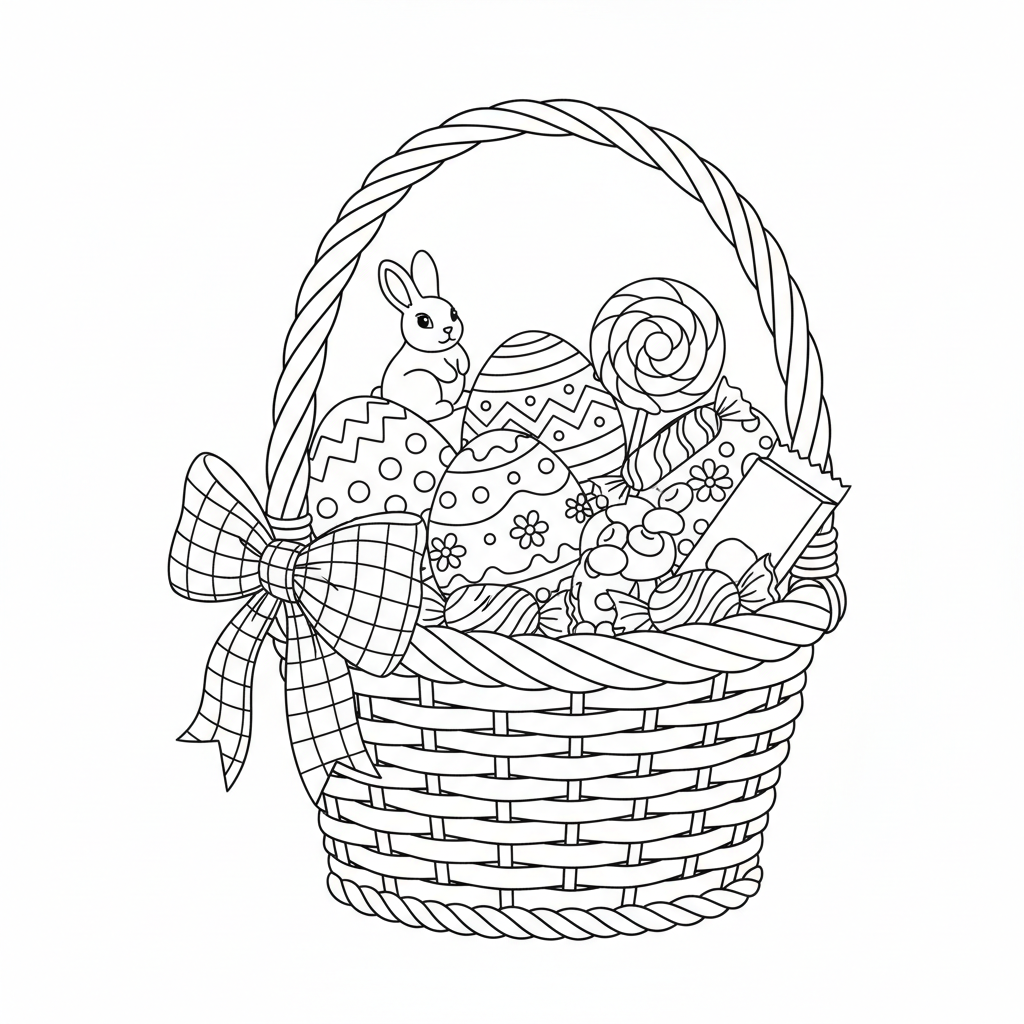 Easter Basket With Eggs And Candy Coloring Page - Free
