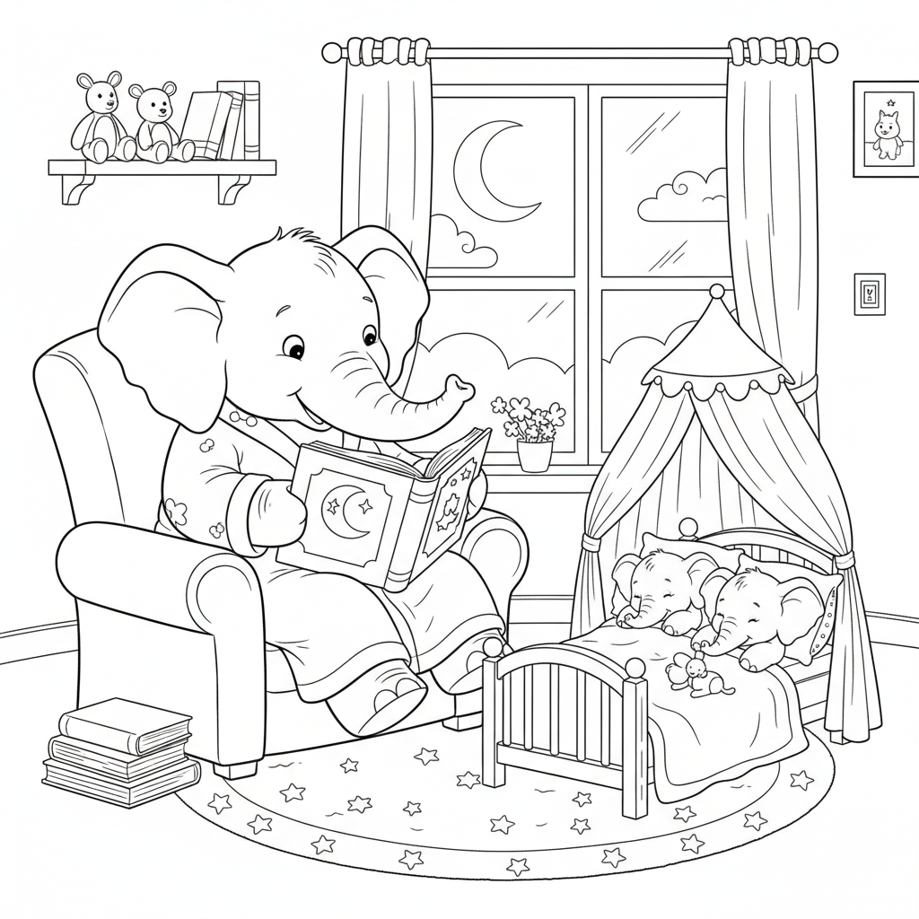 Elephant Reading Bedtime Story Coloring Page - Free