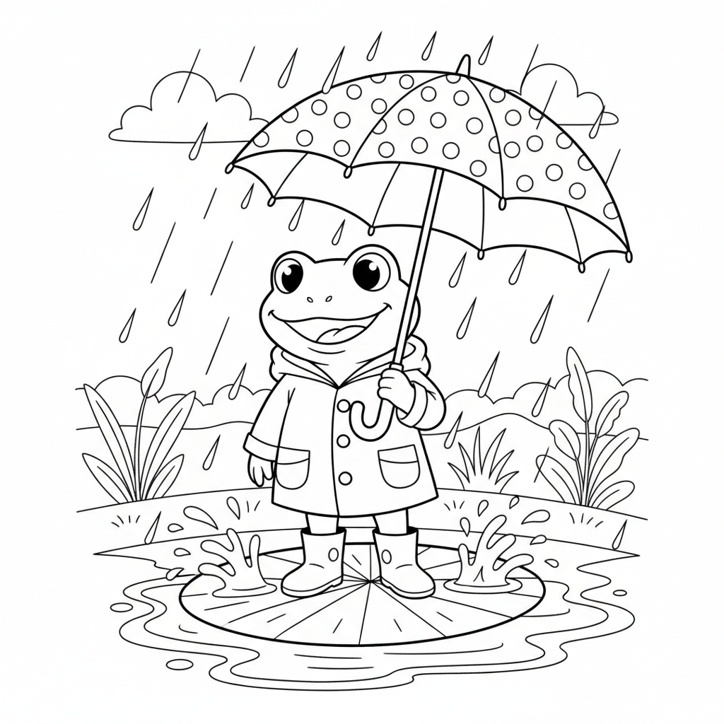 Rainy Day Frog With Umbrella Coloring Page - Free Printable