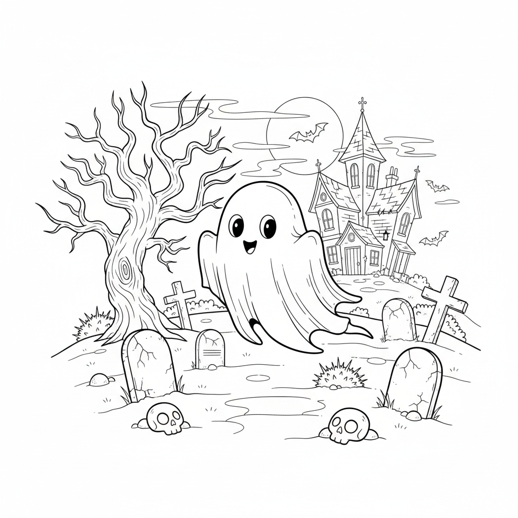 Ghost In Spooky Graveyard Coloring Page - Free Printable