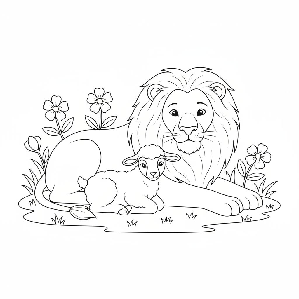 Lion And Lamb Together Coloring Page - Free Printable