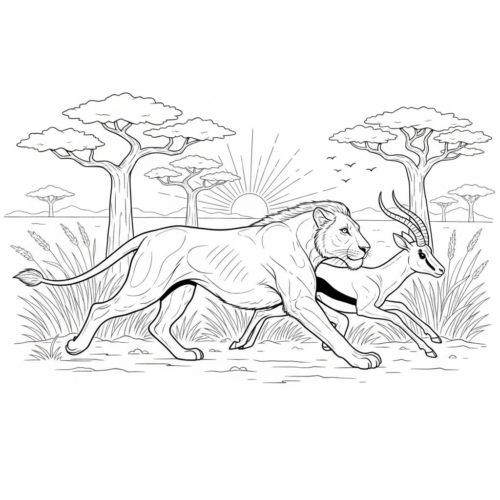Lioness Hunting Scene Coloring Page - Free Printable