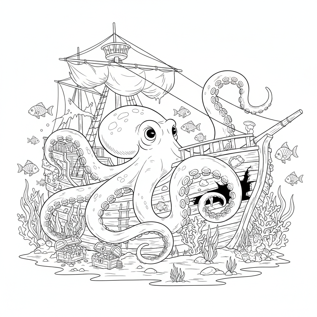 Giant Octopus Near Shipwreck Coloring Page - Free Printable