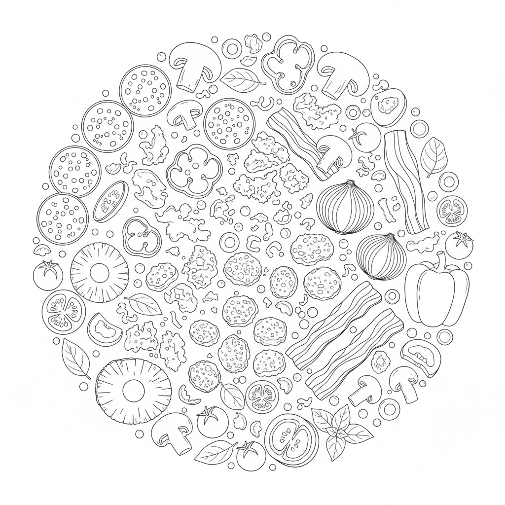 Pizza Toppings Collection Coloring Page - Free Printable