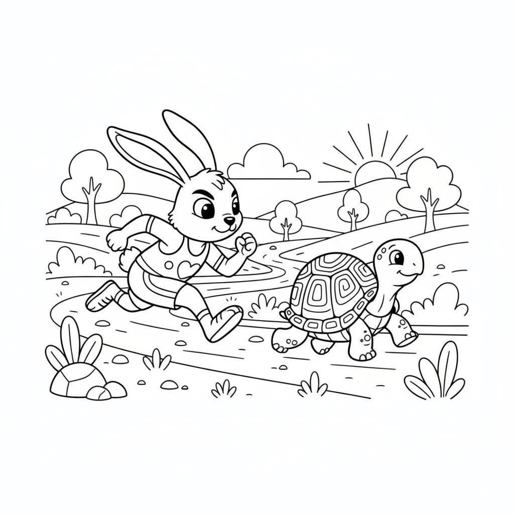 Rabbit And Turtle Race Coloring Page - Free Printable