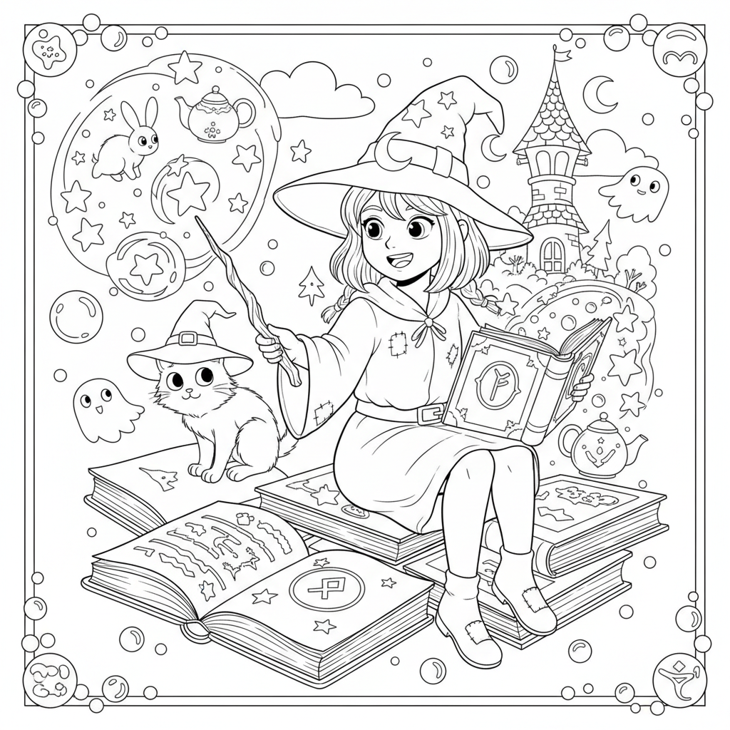 Cute Young Witch Learning Magic Coloring Page - Free